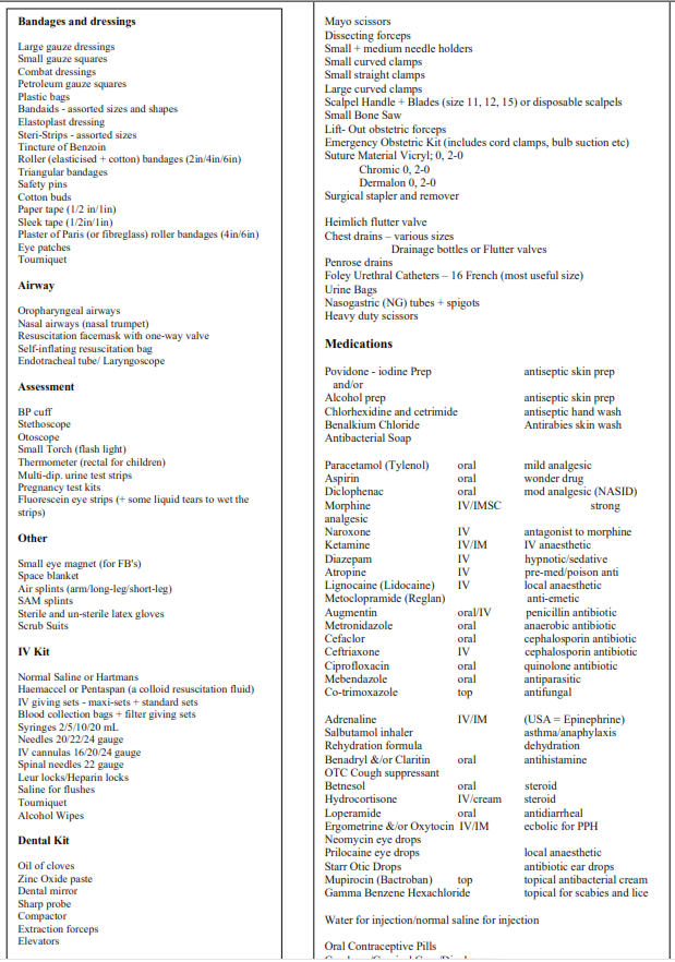 First Aid and Medical Kit Contents – Lower Valley Assembly