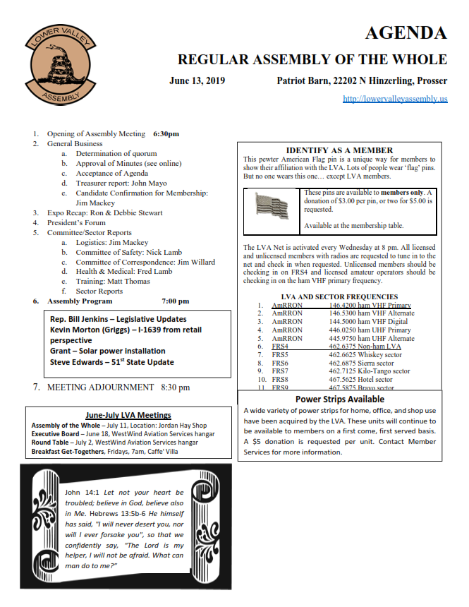 Regular Assembly of the Whole, June 13, 2019 – Lower Valley Assembly